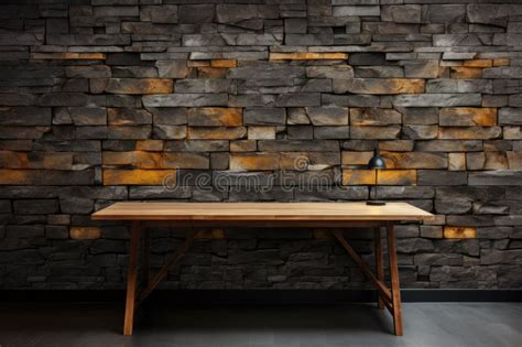 Wood Table Against Black Brick Wall Backdrop Wallpaper Stock