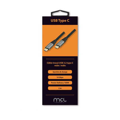 Câble Type C Usb 32 Mâle Mâle Tressé Gen 2 10gb 100w 5a 2m