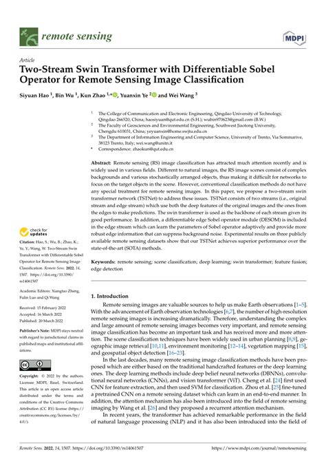 Pdf Two Stream Swin Transformer With Differentiable Sobel Operator For Remote Sensing Image