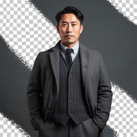 A Man In A Grey Suit Stands In Front Of A Black And White Background