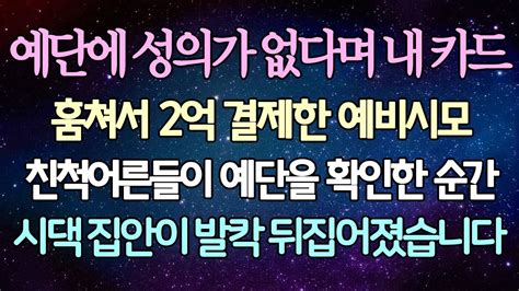 반전 사연 예단에 성의가 없다며 내 카드 훔쳐서 2억 결제한 예비시모 친척어른들이 예단을 확인한 순간 시댁 집안이 발칵 뒤집어졌습니다 사이다사연라디오드라마 Youtube