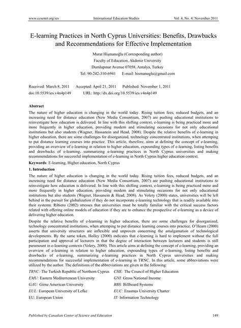 Pdf E Learning Practices In North Cyprus Universities Benefits Drawbacks And Recommendations