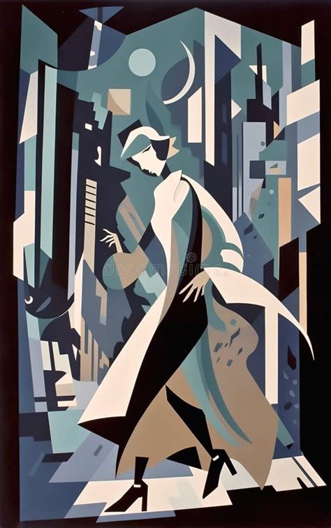 Woman In A Long Coat Runs Through The City At Night Cubist Screen Print Style Generative Ai