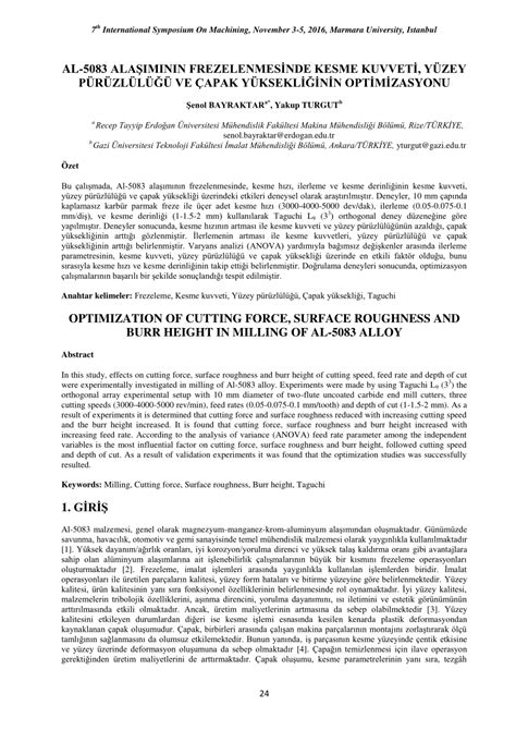 Pdf Optimization Of Cutting Force Surface Roughness And Burr Height In Milling Of Al 5083 Alloy