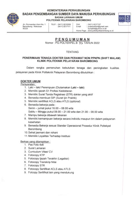 Pengumuman Penerimaan Tenaga Dokter Dan Perawat NON PPNPN Shift Malam
