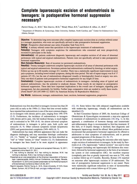 By Its Fruit — Complete Laparoscopic Excision Of Endometriosis In Teenagers Is Postoperative