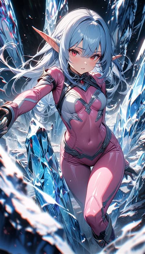 어린 소녀 긴 하늘색 머리 적목 현상 엘프 귀 핑크 Bodysuit 오픈 벨리 얼음 걸작 최고 품질