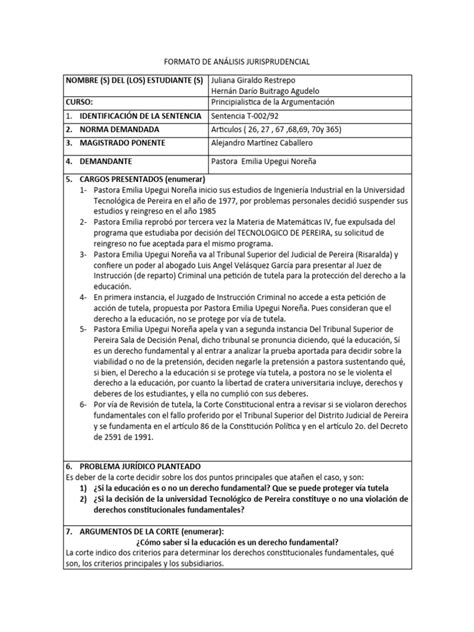 Formato Análisis Jurisprudencial Pdf Derecho Constitucional