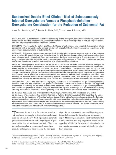 Randomized Double Blind Clinical Trial Of Subcutaneously Injected Deoxycholate Versus A