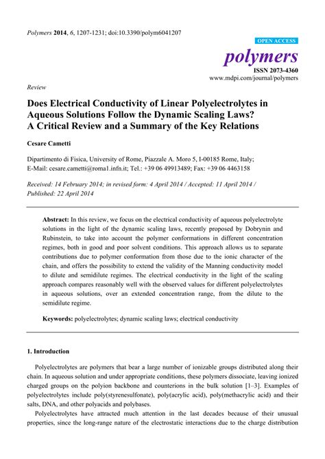 Pdf Does Electrical Conductivity Of Linear Polyelectrolytes In Aqueous Solutions Follow The