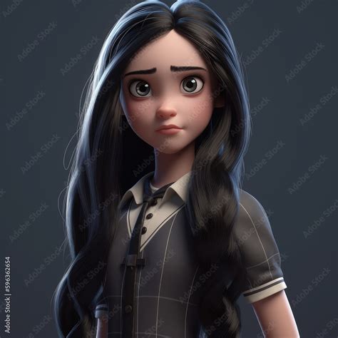 Gothic Style Girl Cartoon Character 3d Beautiful Black Hair Looks Like Wednesday Adams