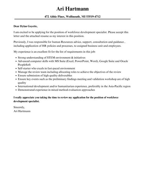 Workforce Development Specialist Cover Letter Velvet Jobs