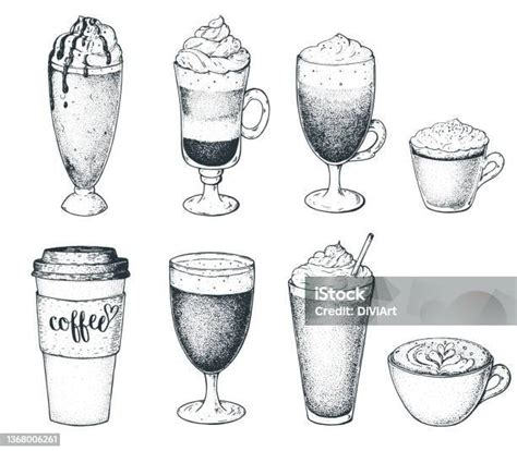 커피 음료 세트 벡터 일러스트레이션 커피숍 메뉴의 요소를 스케치합니다 다른 커피 음료 아이리쉬 커피에 대한 스톡 벡터 아트 및 기타 이미지 Istock