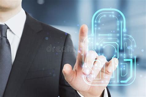 Close Up Of Businessman Hand Pointing At Glowing Padlock Hologram On Blurry Office Interior