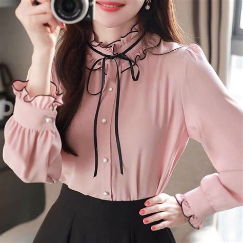 Lovely Ruffled Neck Chiffon Shirt With Bow Tie Ttsa0910 Shopee