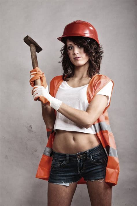 Girl In Safety Helmet And Orange Vest Stock Image Image Of Female