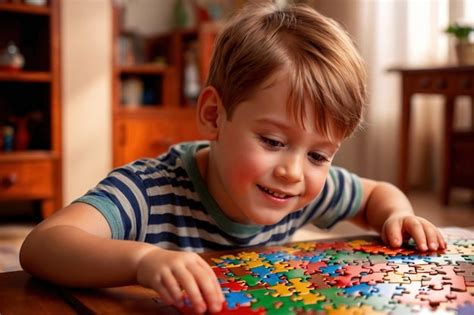 Little Boy Doing Intelligent Problem Solving Playing With Jigsaw Puzzle