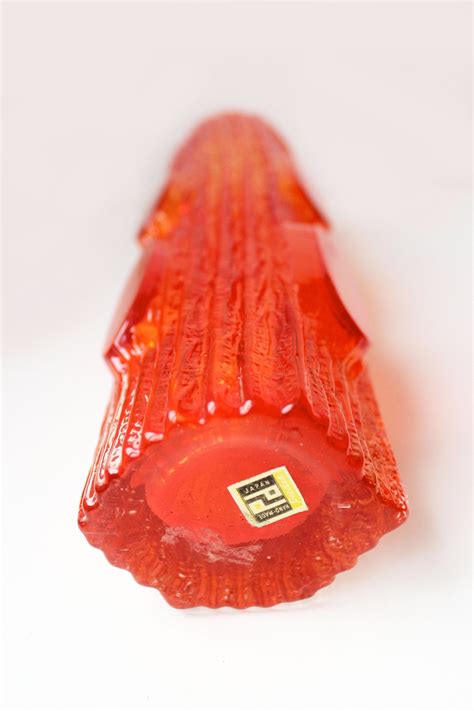 Mid Century Peedee Glass Orange Color Vase Ice Textured By Wayne Husted