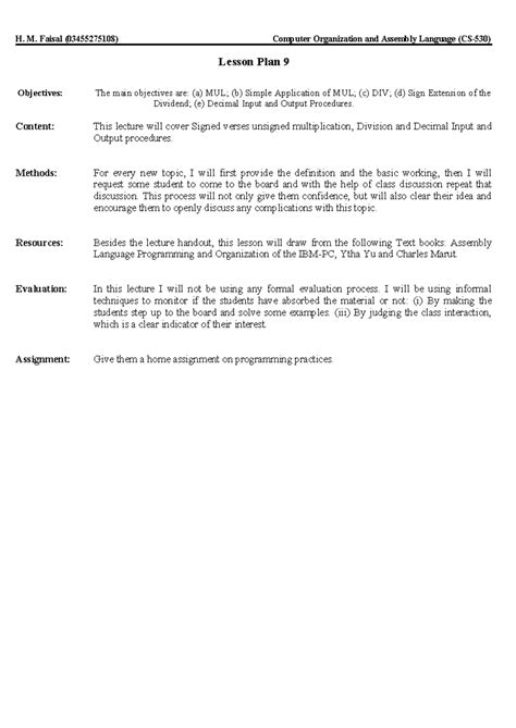 Coal 10 Lab 10 H M Faisal 03455275108 Computer Organization And