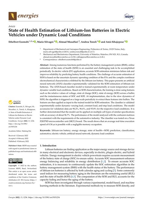 Pdf State Of Health Estimation Of Lithium Ion Batteries In Electric