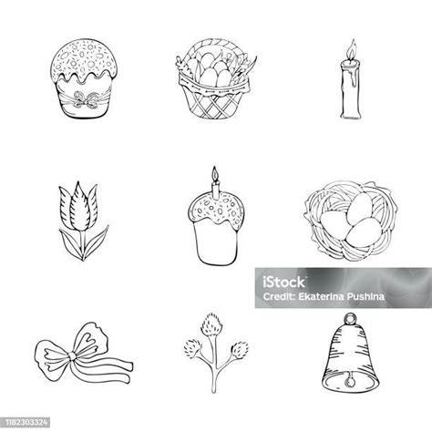 흑백 선으로 부활절 아이콘의 집합입니다 벡터에 선을 가진 그리기 휴일 컬렉션입니다 부활절 케이크 부활절 바구니 양초 튤립 부활절 달걀 활 버드 나무 종과 둥지 낙서 0명에