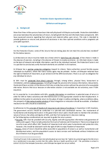 Ethiopia Protection Cluster Operational Guidance Idp Return And Response Global Protection