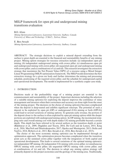 Pdf Milp Framework For Open Pit And Underground Mining Transitions