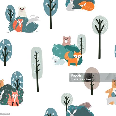식물의 배경에 귀여운 곰 여우 토끼와 원활한 패턴 스칸디나비아 스타일로 그려진 일러스트 레이션 0명에 대한 스톡 벡터 아트 및 기타 이미지 Istock
