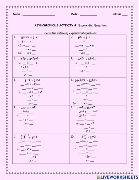 Exponential Equations Worksheet Grade 11