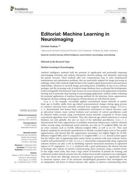 Pdf Editorial Machine Learning In Neuroimaging
