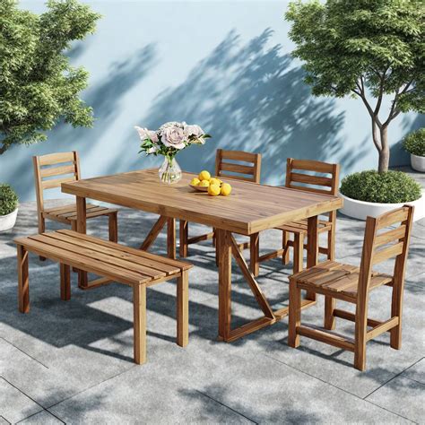 Loon Peak® 6 Piece Acacia Wood Outdoor Dining Set Weather Resistant
