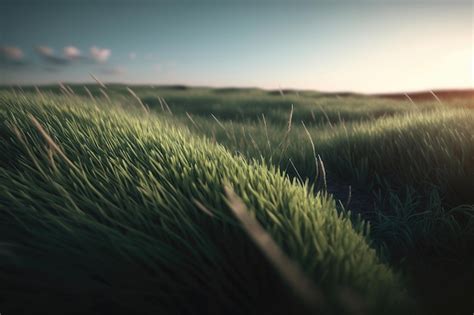 Green Grass Nature Field Closeup Backlit By Golden Sunlight With Sun