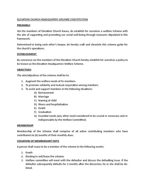 Elevation Church Headquaters Welfare Constitution Download Free Pdf