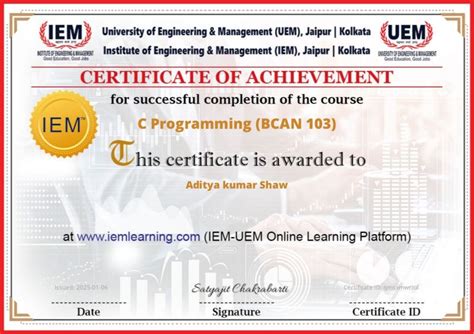 C Programming Iem Learning Certificate 👍 Aditya Kumar Shaw
