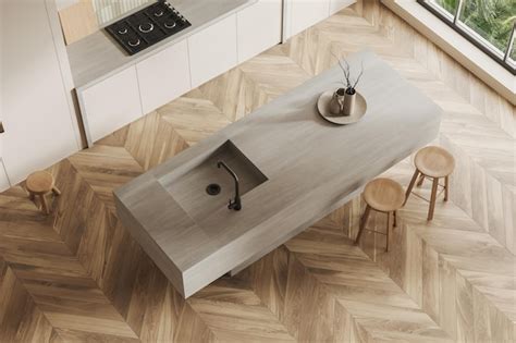 Premium Photo White Kitchen With Bar Top View