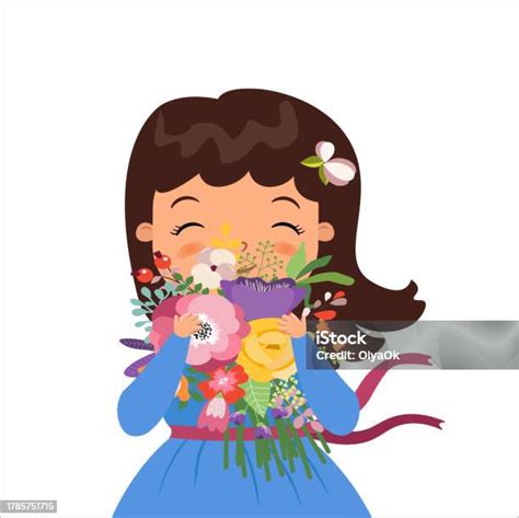 꽃다발을 들고 행복 한 귀여운 소녀 행복한 여성의 날입니다 봄 방학 벡터 일러스트 레이 션입니다 꽃을 가진 행복 한 소녀 소녀에