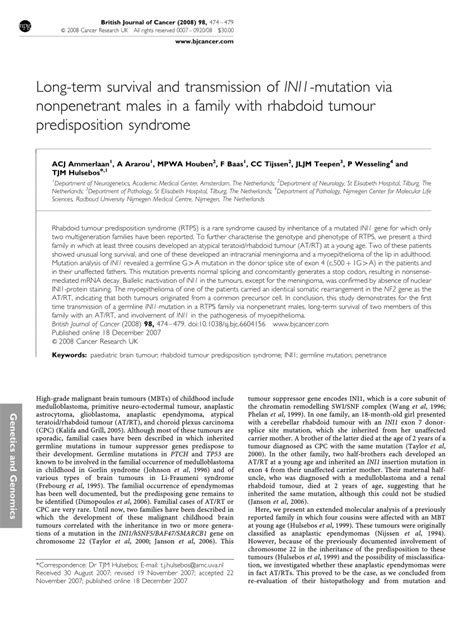 Pdf Long Term Survival And Transmission Of Smarcb1 Mutation Via