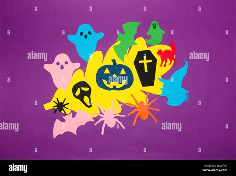 Creative Autumn Halloween Background Oak Leaf With Ghosts Spiders