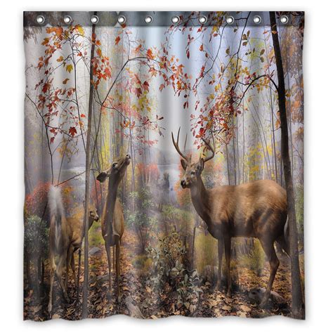 PHFZK Autumn Landscape With Maple Leaves Shower Curtain Deer Reindeer In The Forest Polyester