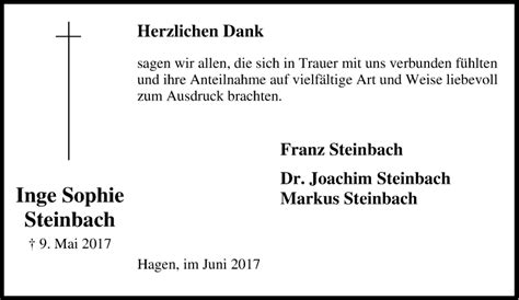 Traueranzeigen Von Inge Sophie Steinbach Trauer In Nrwde