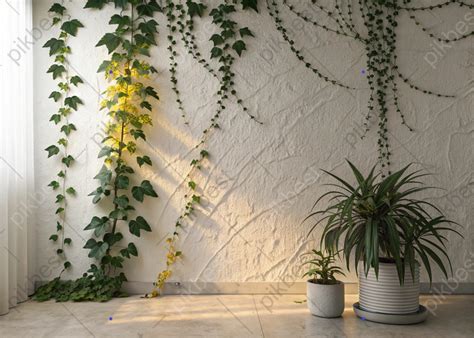 Serene Indoor Scene With Lush Ivy Climbing A Textured White Wall