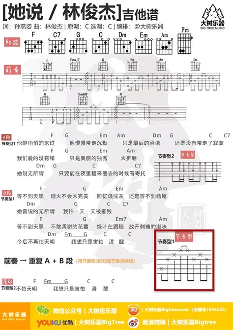 她说吉他谱 林俊杰 C调弹唱谱 吉他演示教学视频 简谱网