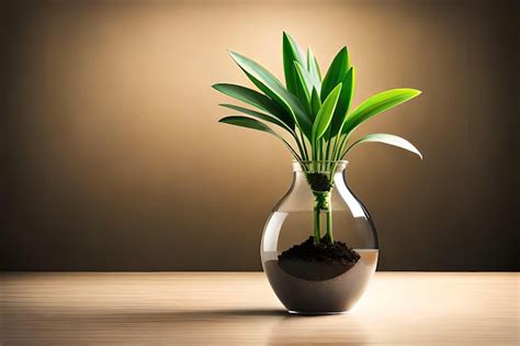 Premium Ai Image A Green Plant In A Glass Vase With A Brown Background