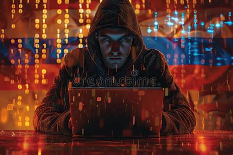 a hacker wearing a dark hoodie is sitting at his laptop with binary