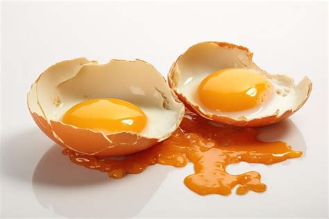 Two Sunnyside Up Eggs In Cracked Shells With Dripping Yolks On A White