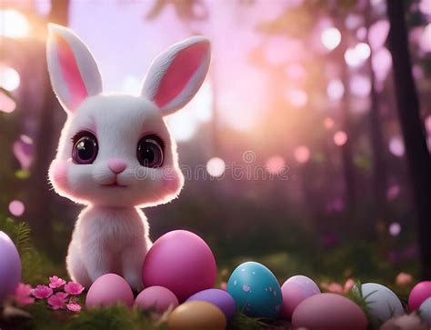 Cute White And Pink Easter Bunny With Easter Eggs In A Magical Forest