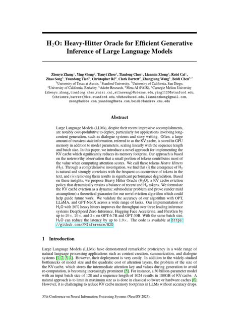 H2O - Heavy-Hitter Oracle For Efficient Generative Inference of Large Language Models | PDF ...