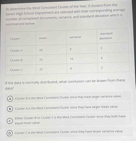 Solved To Determine The Most Consistent Cluster Of The Year 3 Clusters From The Senior High