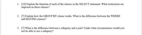 Solved 1 10 Explain The Function Of Each Of The Clauses