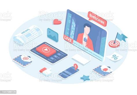 뉴스의 개념입니다 온라인 세계 최신 속보 Tv 기자 뉴스 블로그 라이브 스트림 소셜 네트워크 3d 디자인의 벡터 그림입니다 아이소메트릭 웹 배너입니다 텔레비전 산업에 대한